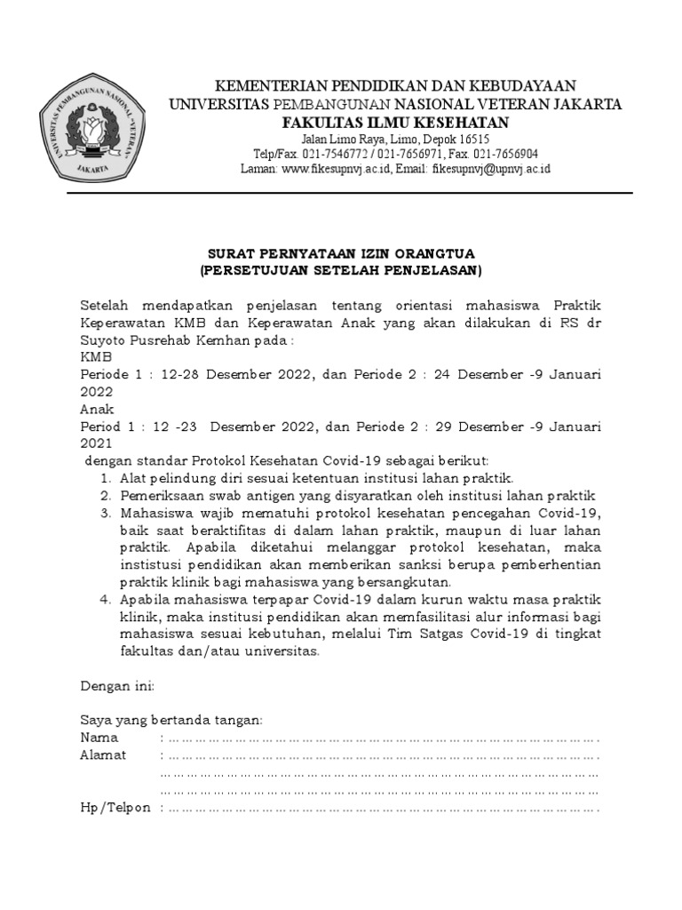 Surat Pernyataan Untuk Orang Tua-Informed Consent | PDF