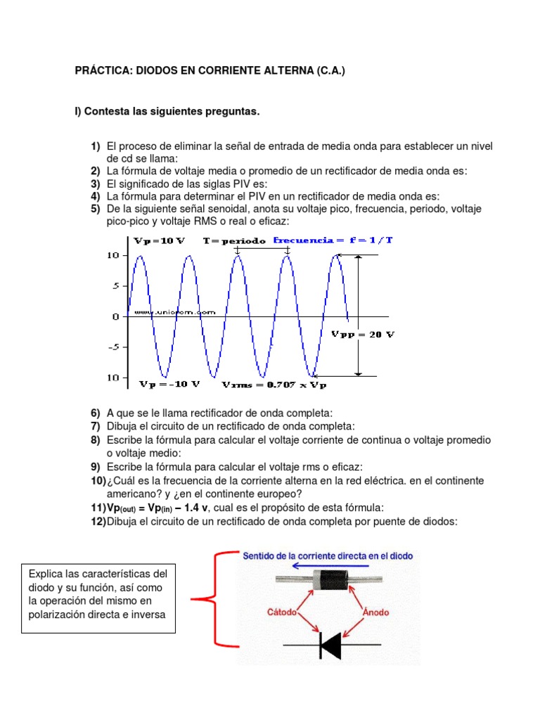 Practica - Diodos en CA | PDF | Rectificador | voltaje