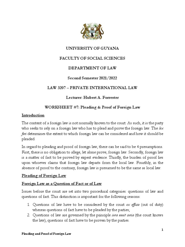 Worksheet 7 - Part II.i - Pleading 0 Proof of Foreign Law | PDF | Burden Of Proof (Law ...