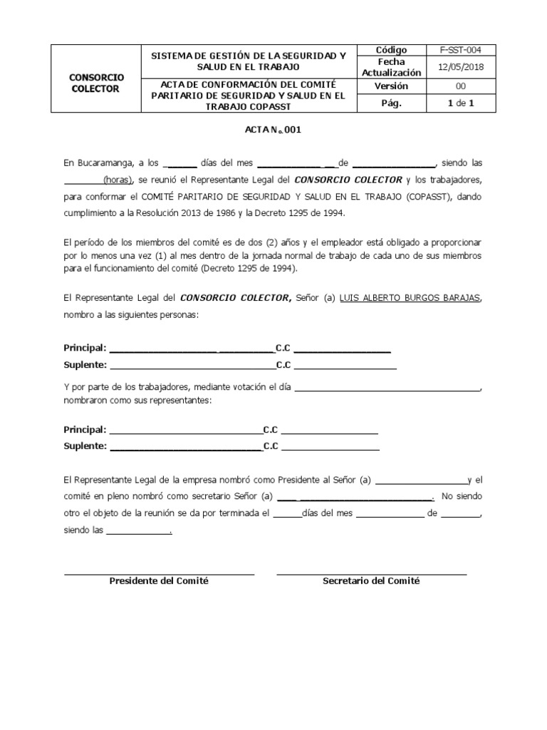 FO-SST-004 Acta de Conformación Del Comité Paritario de Seguridad y Salud en El Trabajo (COPASST ...
