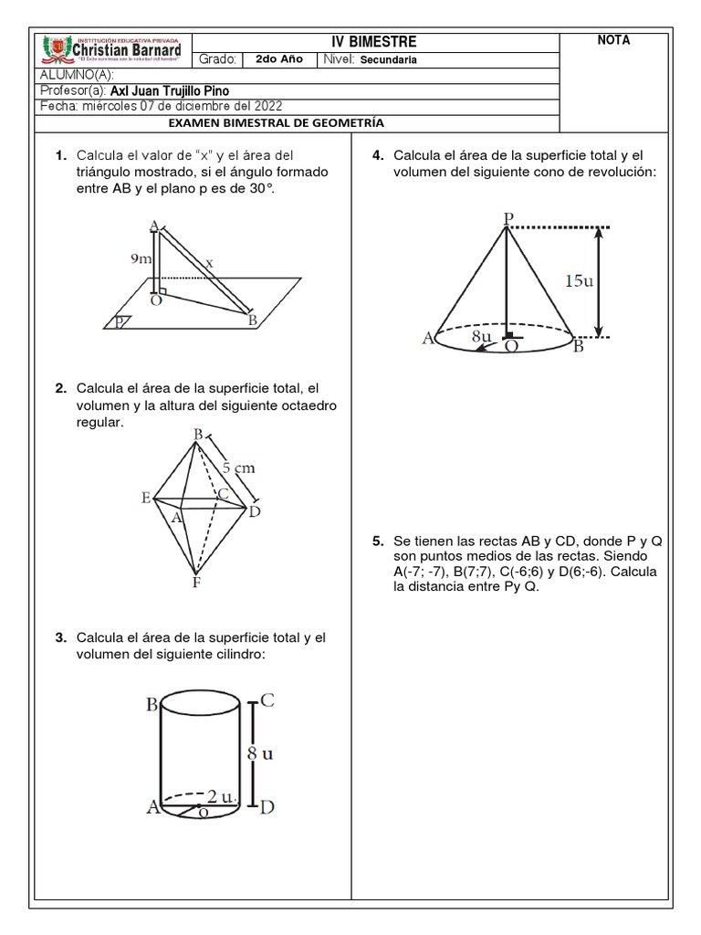 Examen Bimestral Ivb Geometría 2do Año | PDF | Métodos y materiales de enseñanza
