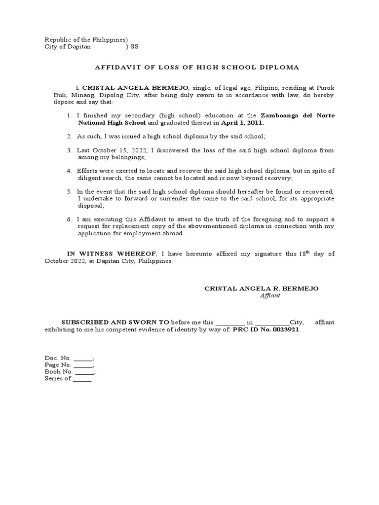 Affidavit of Loss-High School Diploma | PDF