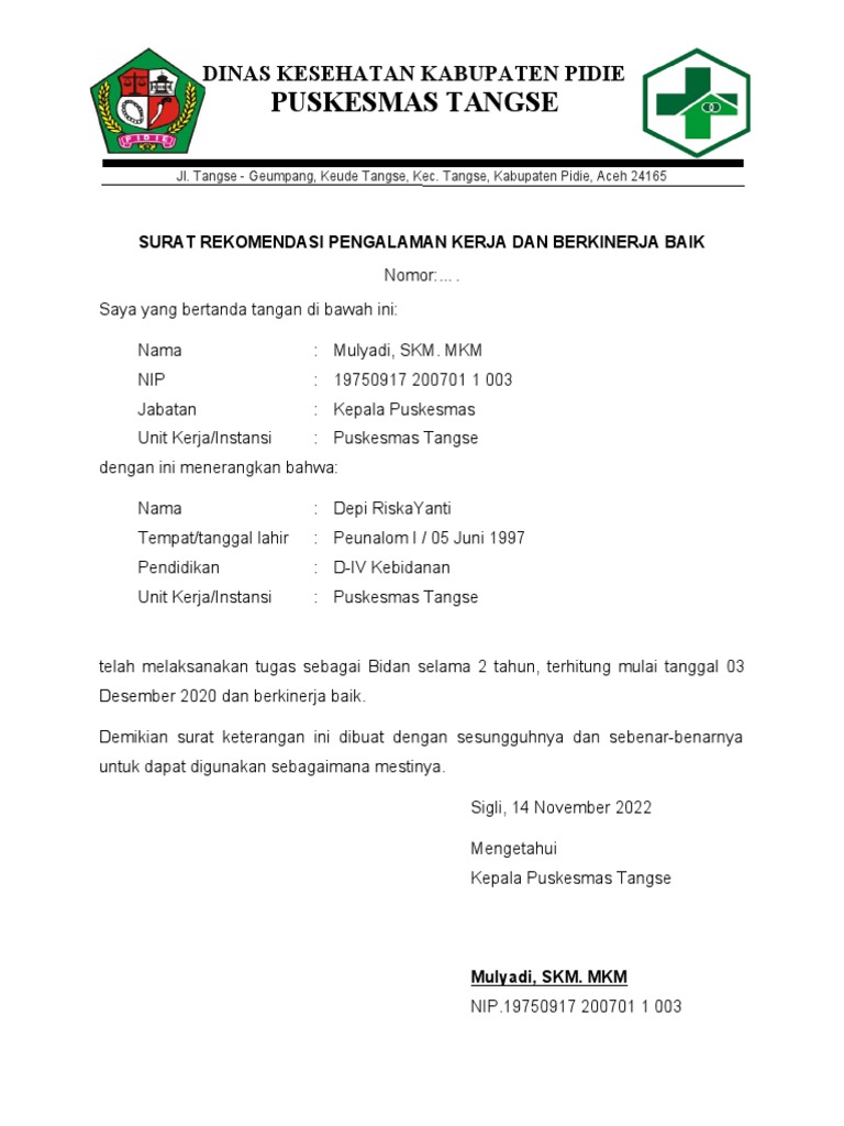 Surat Rekomendasi Pengalaman Kerja Depi | PDF
