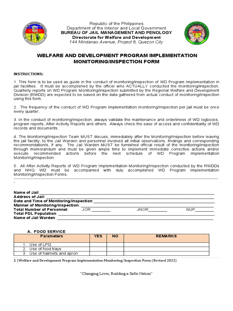 WD Program Implementation Monitoring Form Revised 2022 | PDF | Prison ...