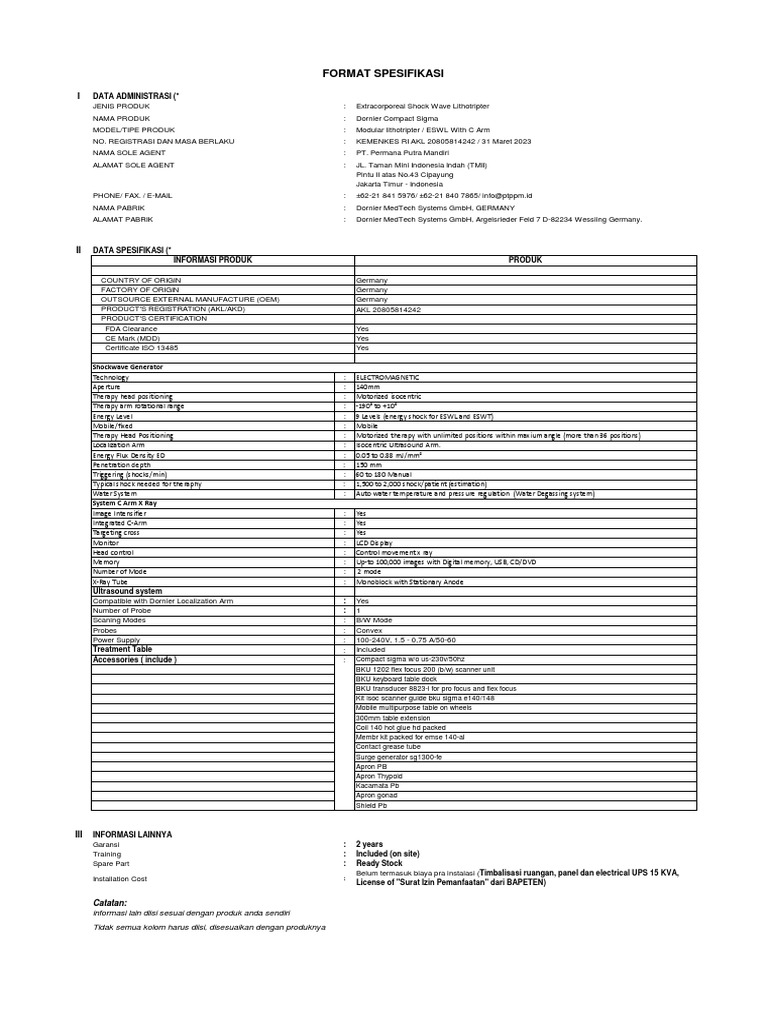 Spesifikasi DORNIER ESWL With C Arm | PDF | Electrical Engineering | Equipment