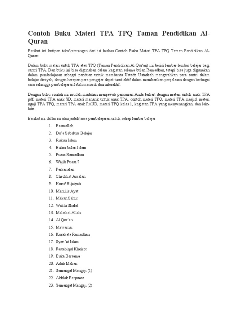 Contoh Buku Materi TPA TPQ Taman Pendidikan Al | PDF