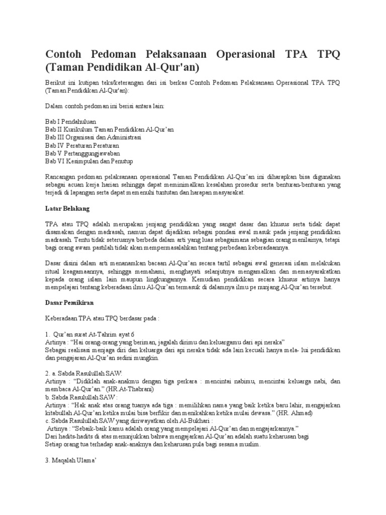 Contoh Pedoman Pelaksanaan Operasional TPA TPQ | PDF