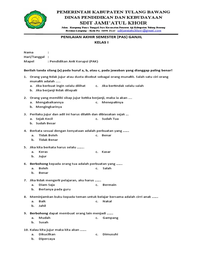 Pas Pak Kelas 1 (Sem 1) | PDF