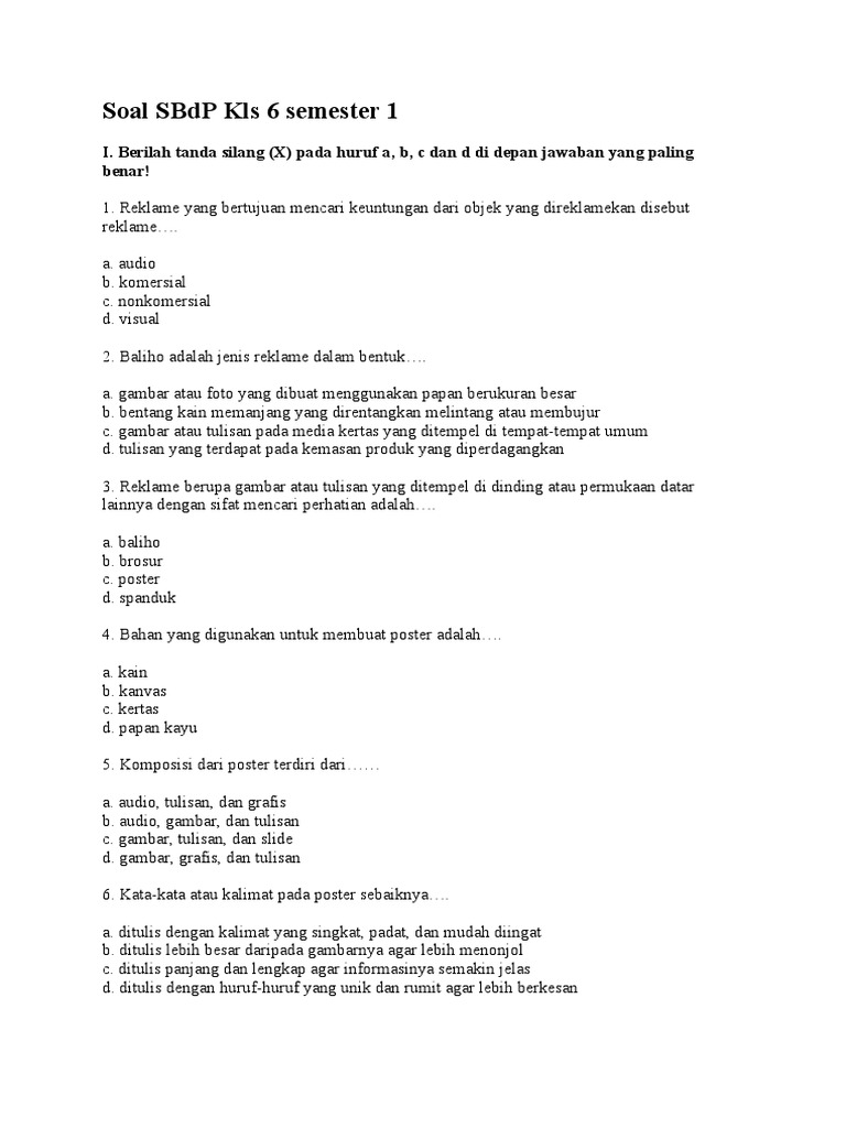 Soal SBDP Kls 6 Semester 1 | PDF