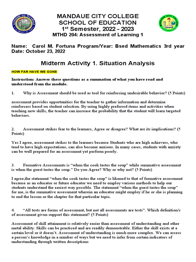 Midterm Activity 1-FortunaCarol | PDF | Educational Assessment | Teachers Midterm Activity 1-FortunaCarol | PDF | Educational Assessment | Teachers