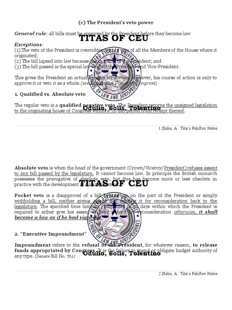 President's Veto Power - Part II | PDF | Veto | Presidents Of The ...