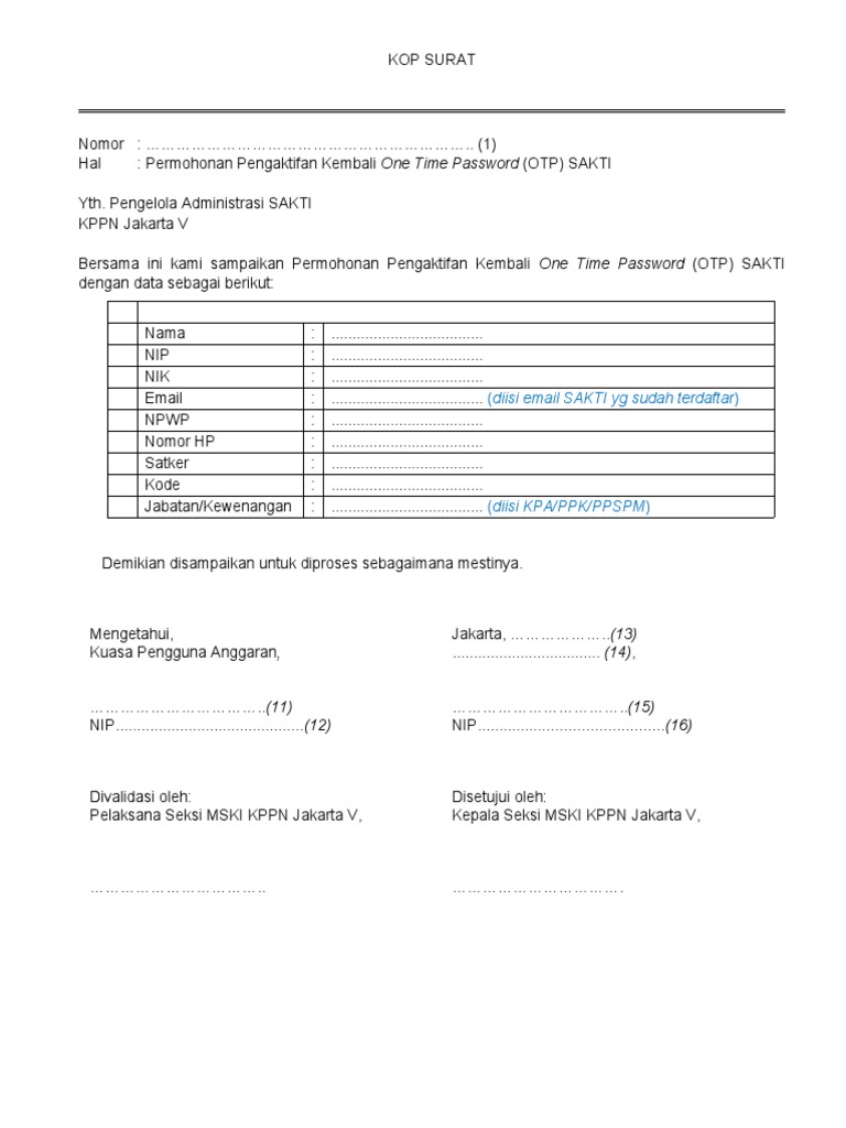 Form Pengaktifan Kembali OTP SAKTI | PDF
