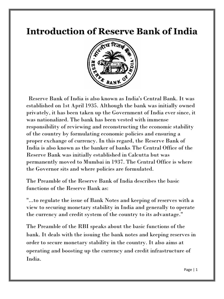 Introduction of Reserve Bank of India | PDF | Reserve Bank Of India ...