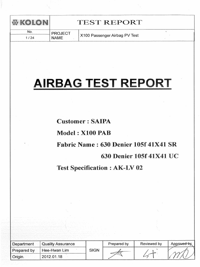 Airbag Test Report (Ak-Lv02) | PDF | Airbag | Textiles