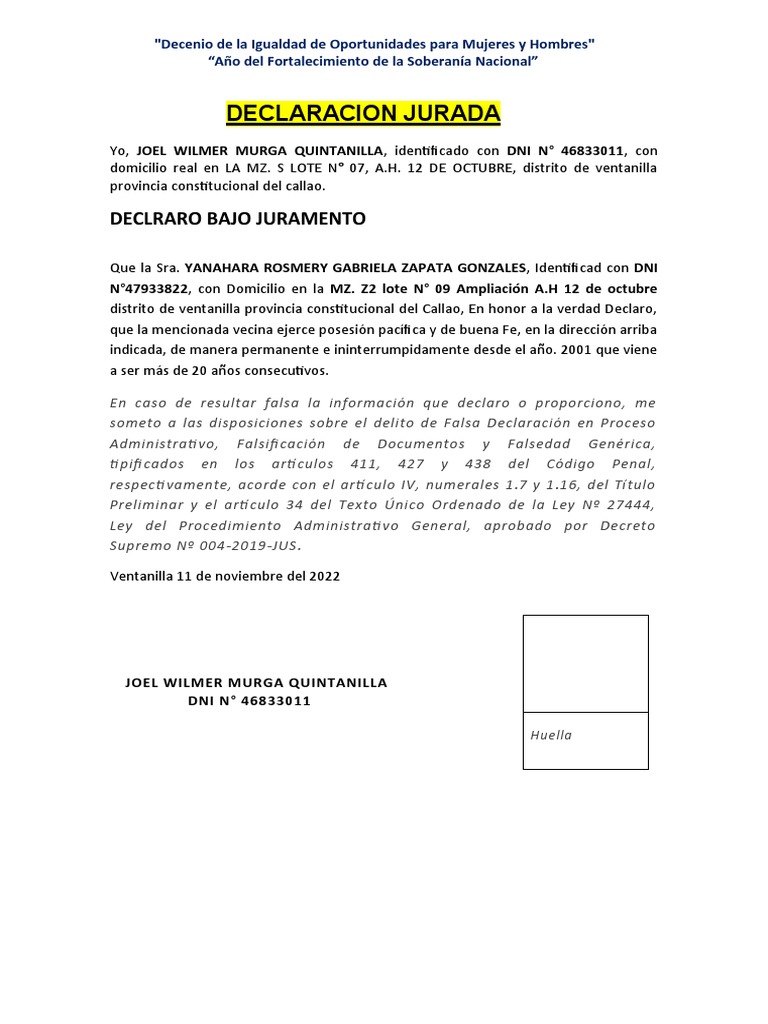 Declaracion Jurada Zapata | PDF | Justicia | Crimen y violencia