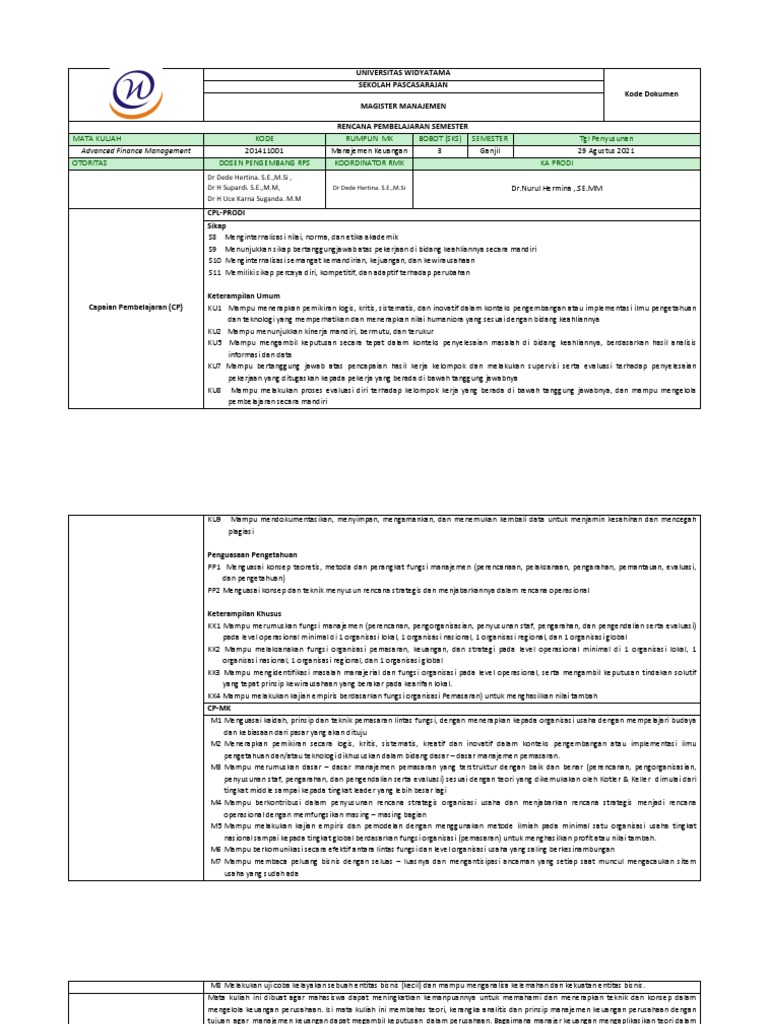 Rencana Pembelajaran Semester Mata Kuliah Manajemen Keuangan Perusahaan | PDF