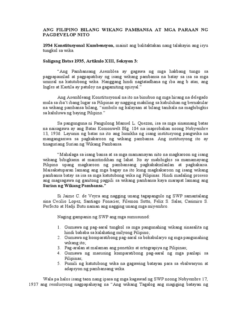 Ang Filipino Bilang Wikang Pambansa at Mga Paraan NG Pagdevelop Nito | PDF