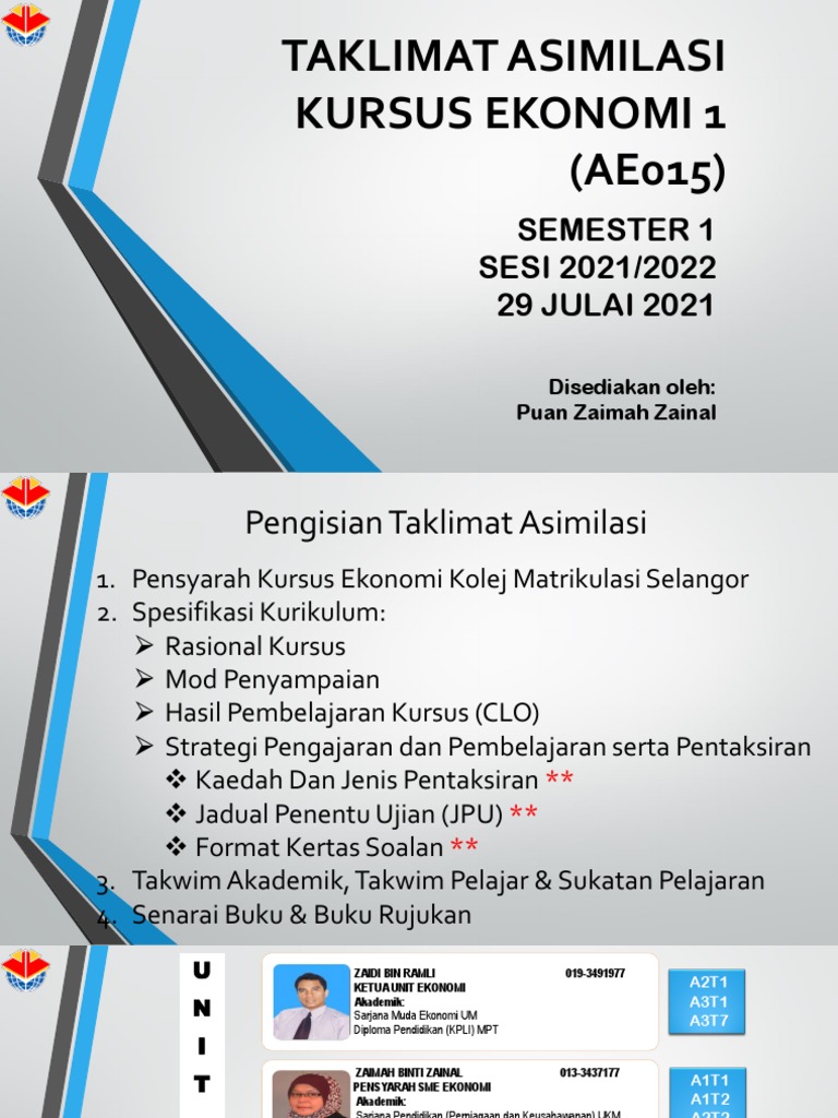 Taklimat Asimilasi Kursus Ekonomi 1 (AE015) : Semester 1 SESI 2021/2022 29 JULAI 2021 | PDF