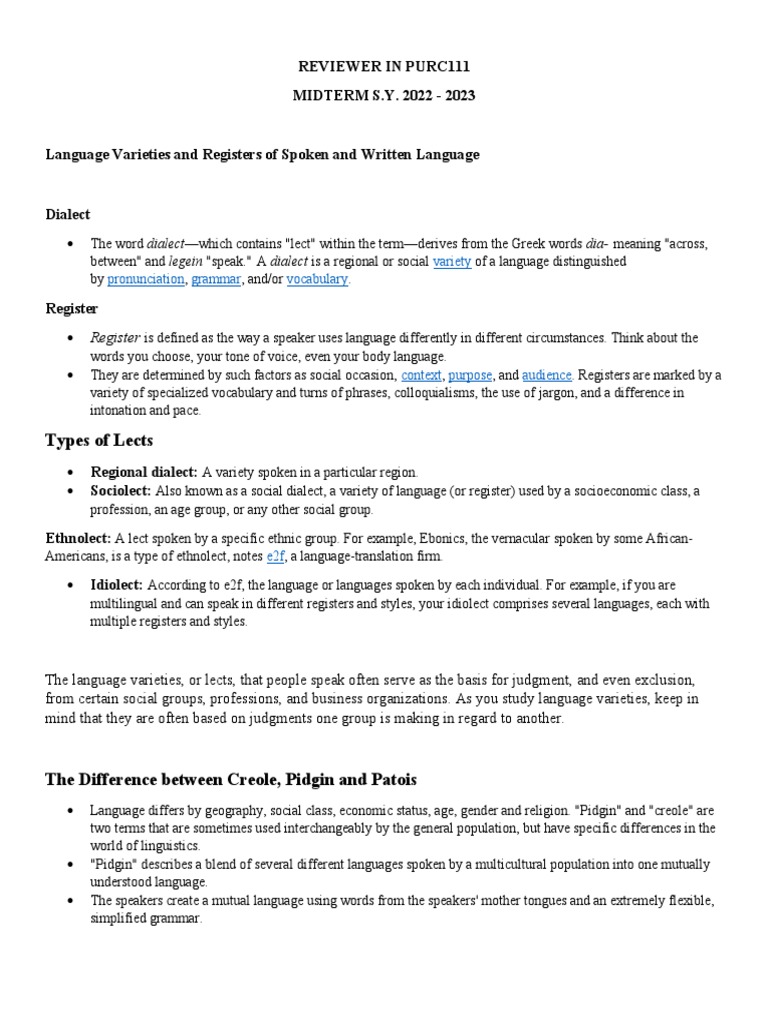 Language Varieties and Registers of Spoken and Written Language ...