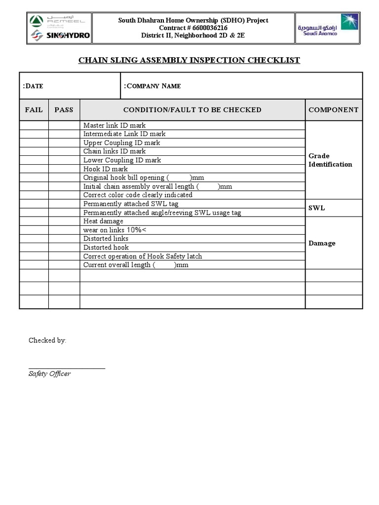 Chain Sling Assembly Inspection Checklist Form | PDF