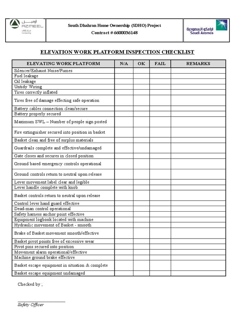 Elevation Work Platform Inspection Checklist | PDF | Technology ...