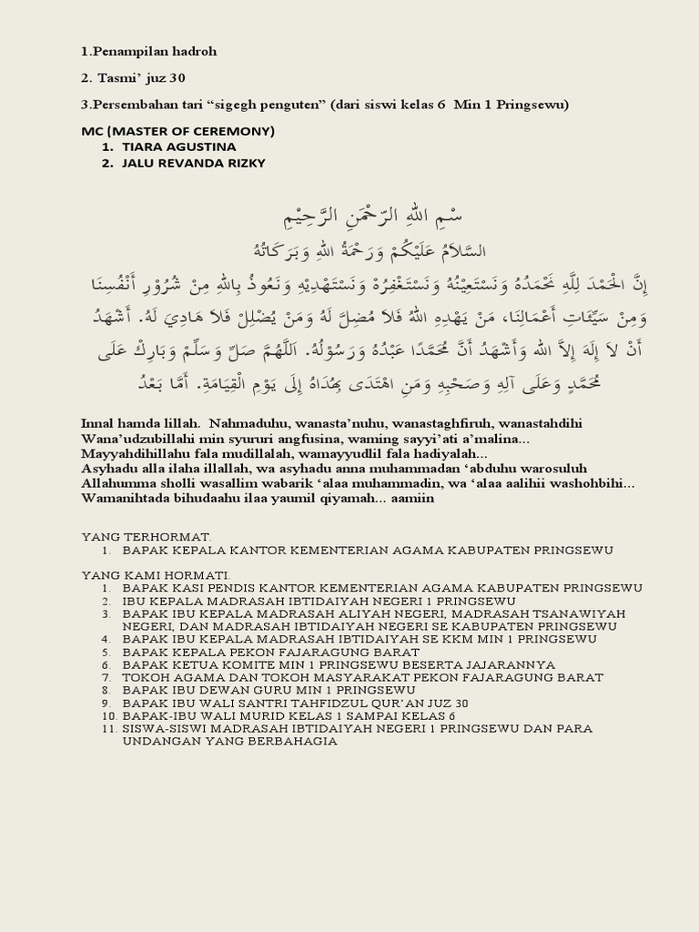 Teks MC Wisuda Tahfidz MIN 1 Pringsewu | PDF