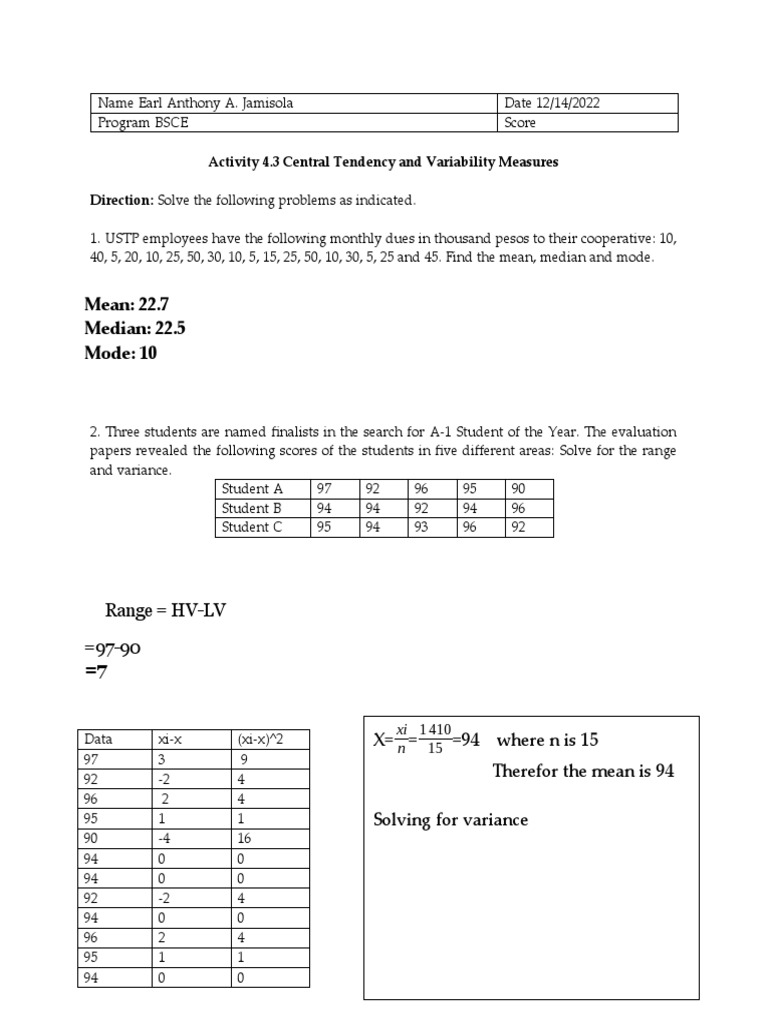 Activity 4.3 Central Tendency and Variability Measures 1 | PDF ...