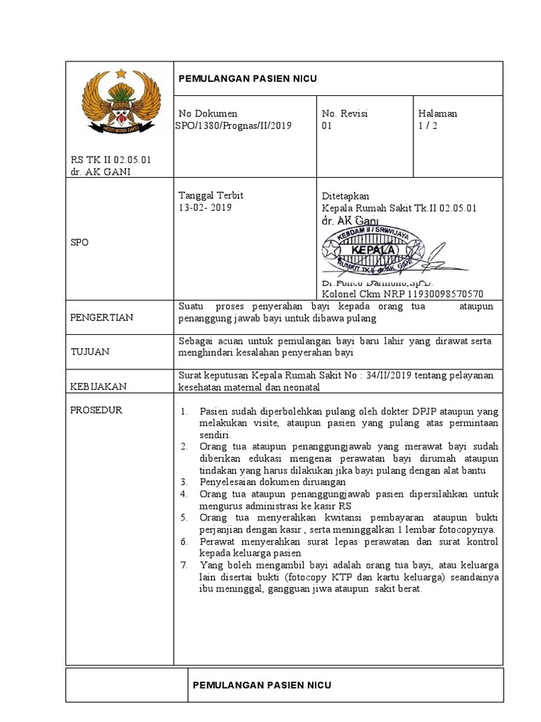 SPO Pemulangan Pasiem Nicu | PDF