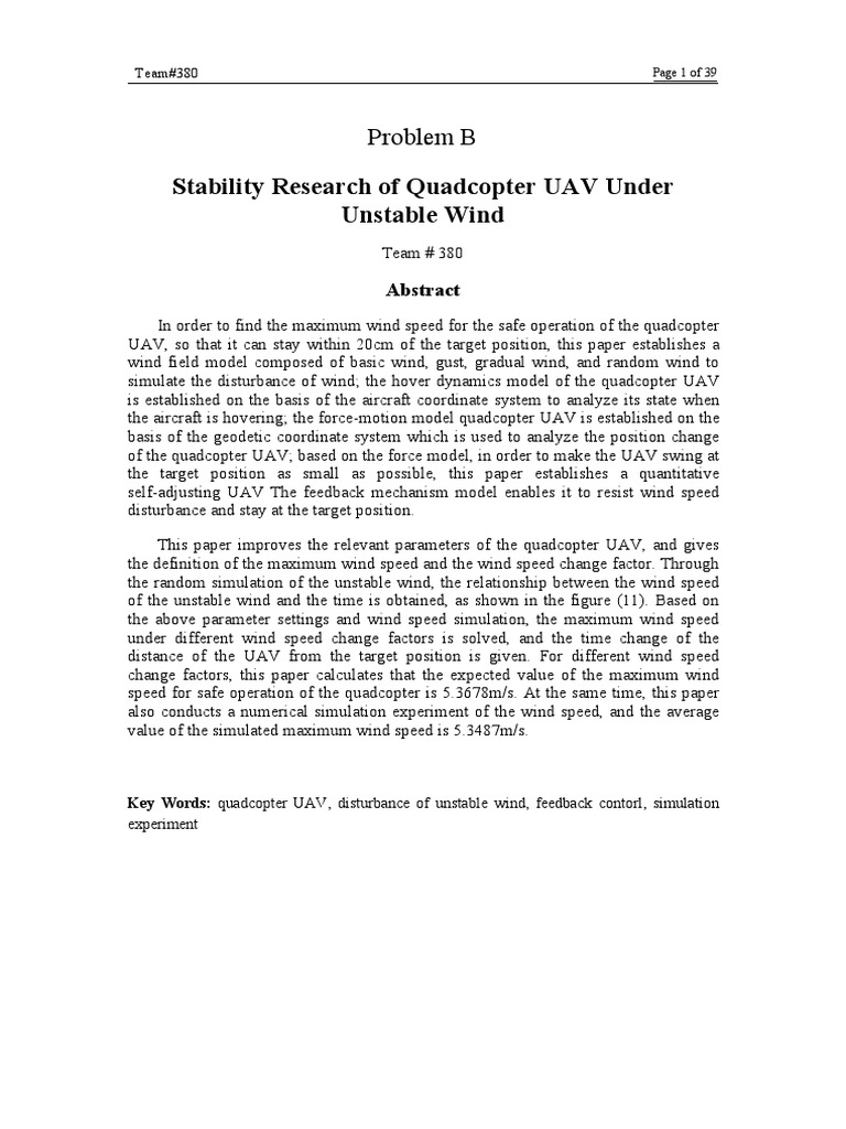 Stability Analysis of a Quadcopter UAV Under Unstable Wind Conditions | PDF | Unmanned Aerial ...
