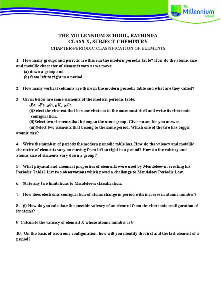 Class 10 Worksheet Periodic Classification of Elements | PDF