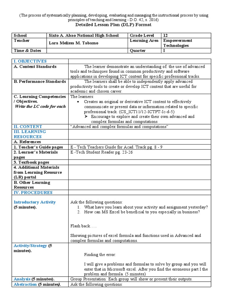 ICT Lesson Plan for Advanced Formulas | PDF | Educational Technology ...