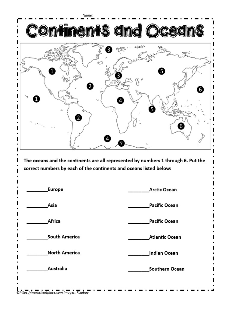 Continents and Ocean Worksheet | PDF