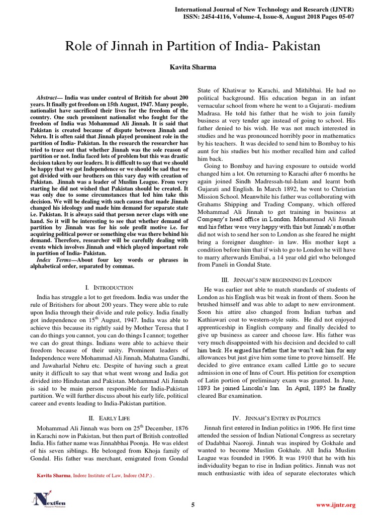Role Of Jinnah In Partition Of India Pak 071b87b3 Pdf Muhammad Ali