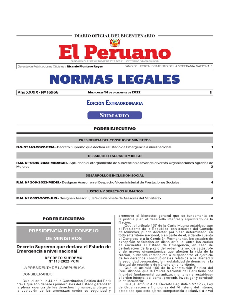 DS 143 2022 PCM | PDF | Policía | Estado de emergencia