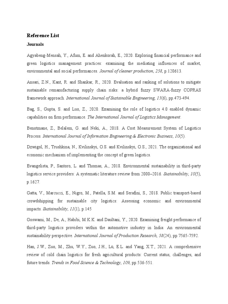 Reference List | PDF | Sustainability | Logistics