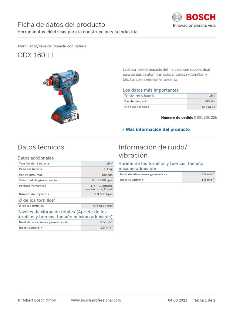 Atornillador Bosch GDX 180 Li | PDF | Tornillo | Equipo