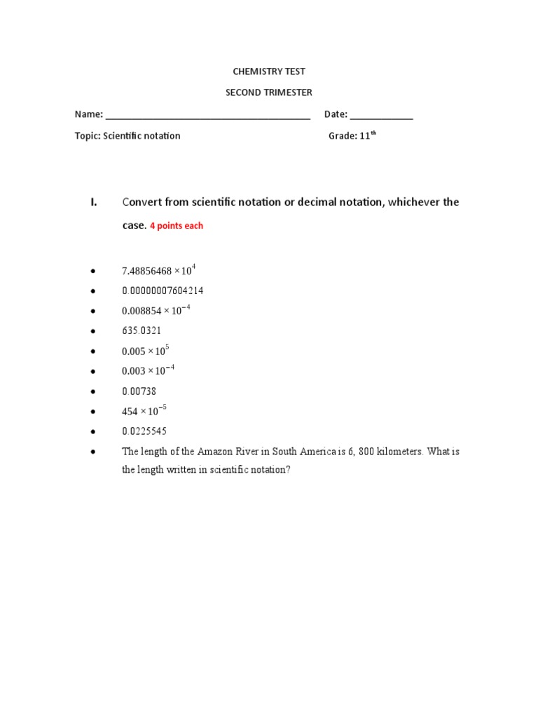 Scientific Notation Chemistry Test 1 | PDF