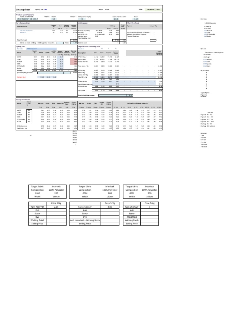 Ipe098 Pes Cost Sheet Sky With Calculation Pdf Knitting Yarn