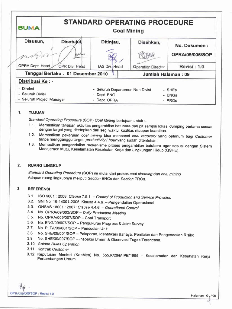 SOP - 09 - 006 - OPRA Revisi 1.0 - Coal Mining | PDF