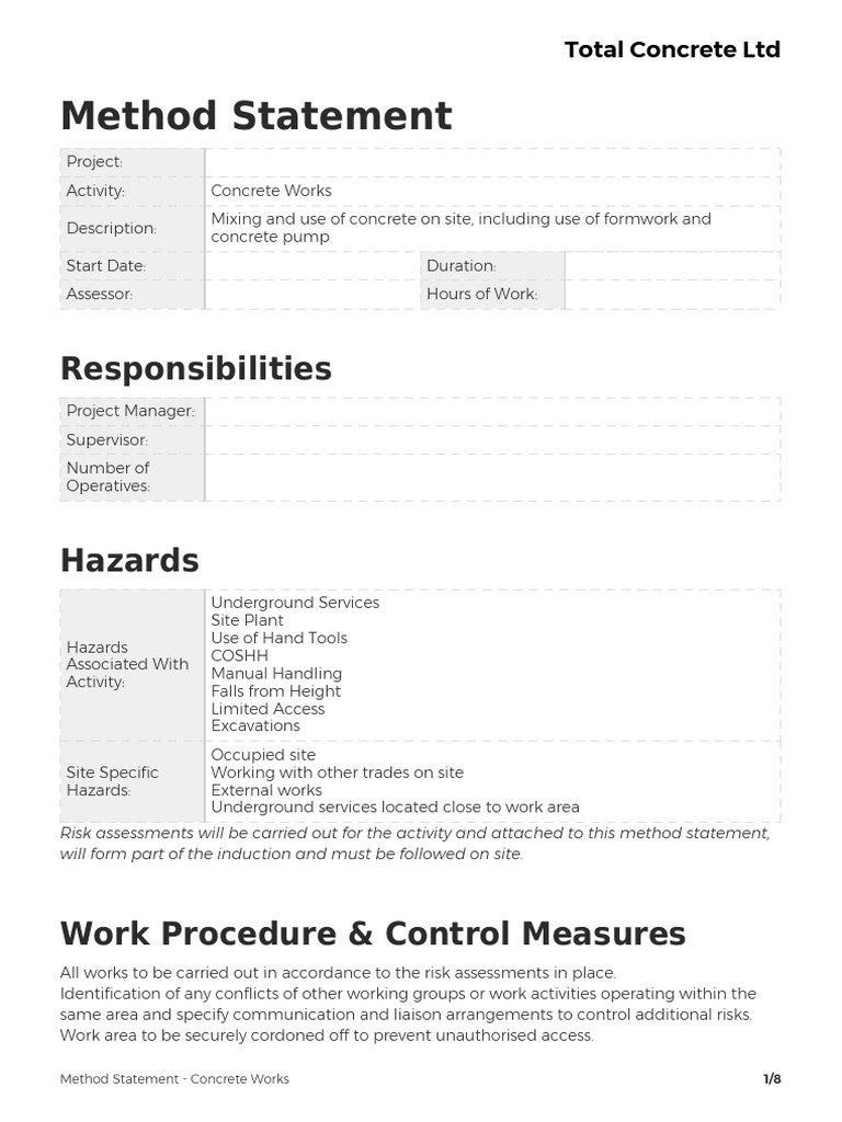Concrete Works Method Statement Guide | PDF | Concrete | Personal ...