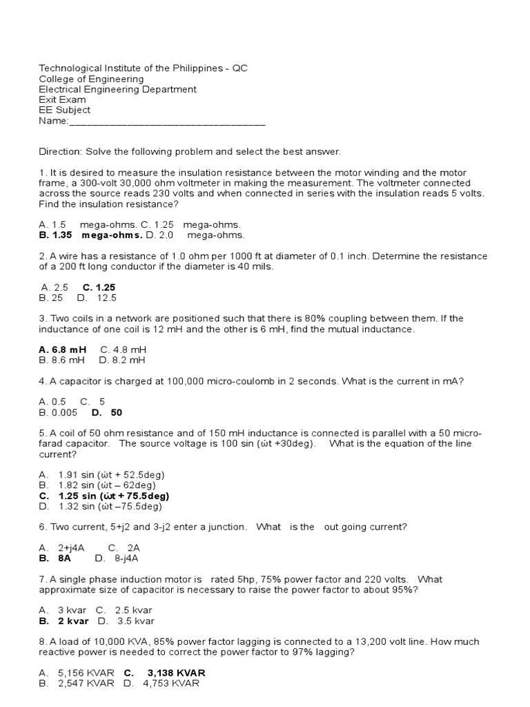 EE Exit Exam Questions and Solutions | PDF | Transformer | Electric Motor