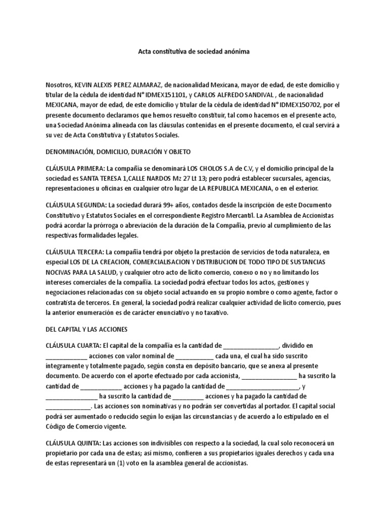 Acta Constitutiva | PDF | Compartir (Finanzas)