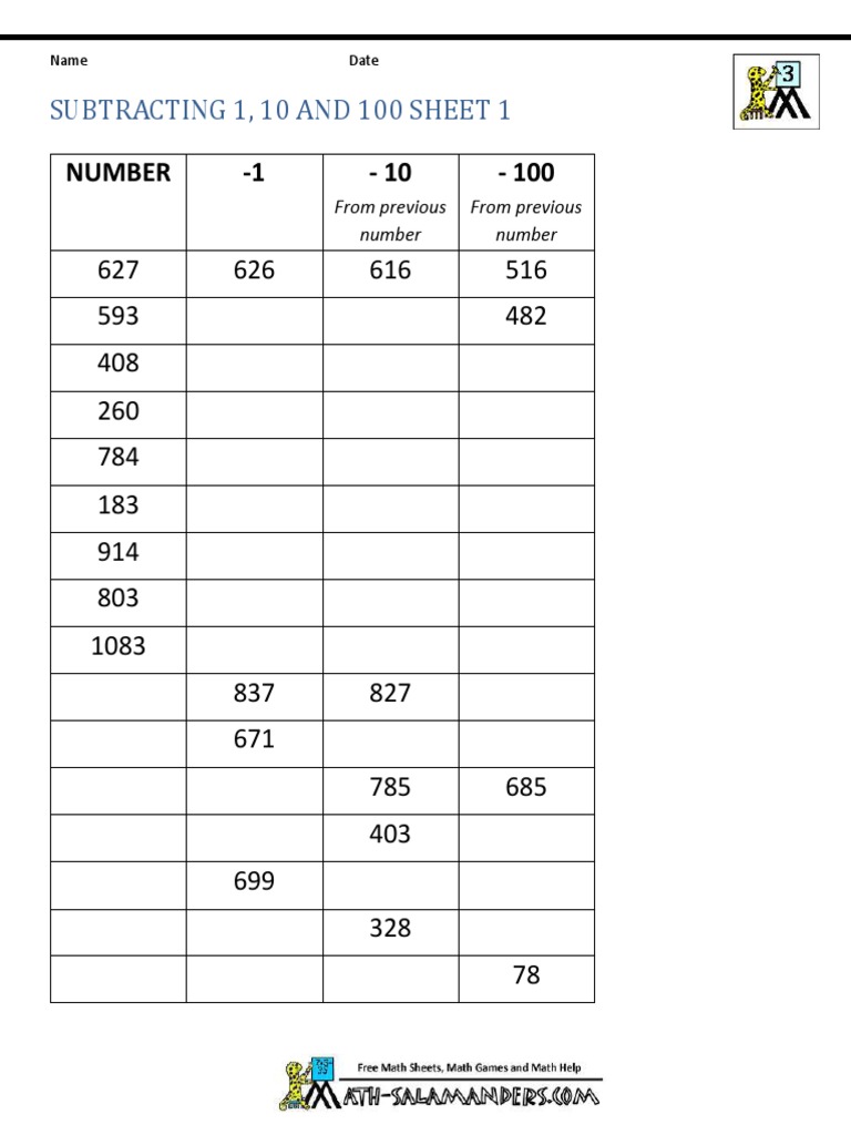 Mental Subtraction 1-10-100 1 | PDF