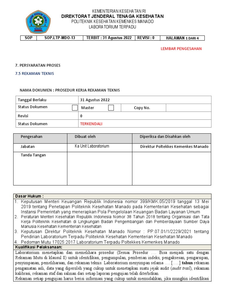 SOP Rekaman Teknis Lab Manado | PDF