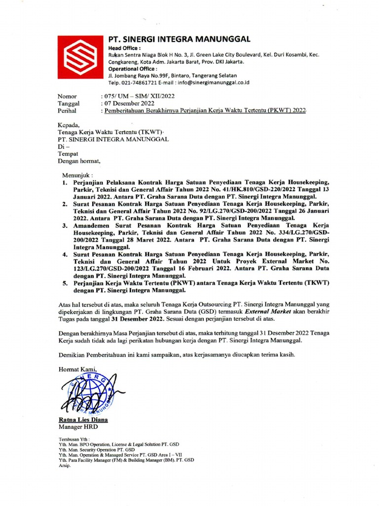 Pemberitahuan Berakhir PKWT Pekerja PT - Sinergi Integra Manunggal TH ...