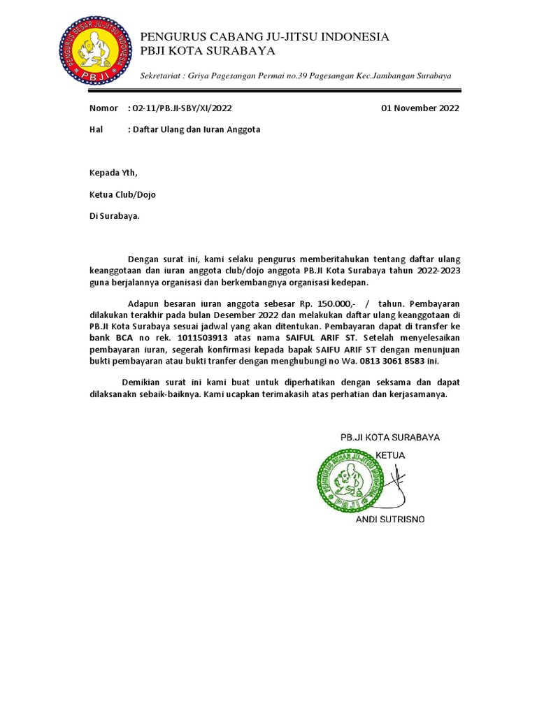 Daftar Ulang dan Iuran PBJI Surabaya 2022 | PDF