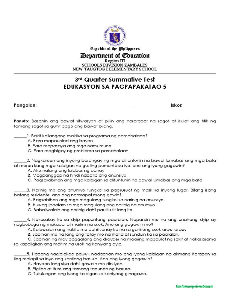 Department of Education: 3 Quarter Summative Test Edukasyon Sa ...