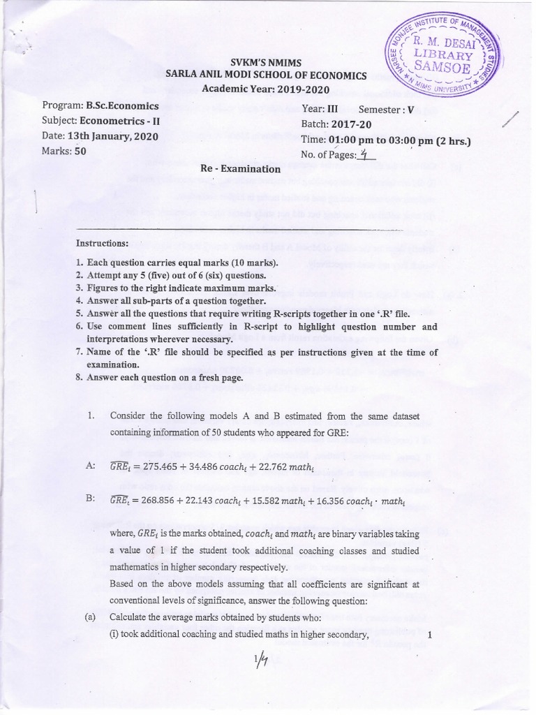 SVKM's NMIMS Econometrics Exam Questions | PDF | Regression Analysis | Errors And Residuals