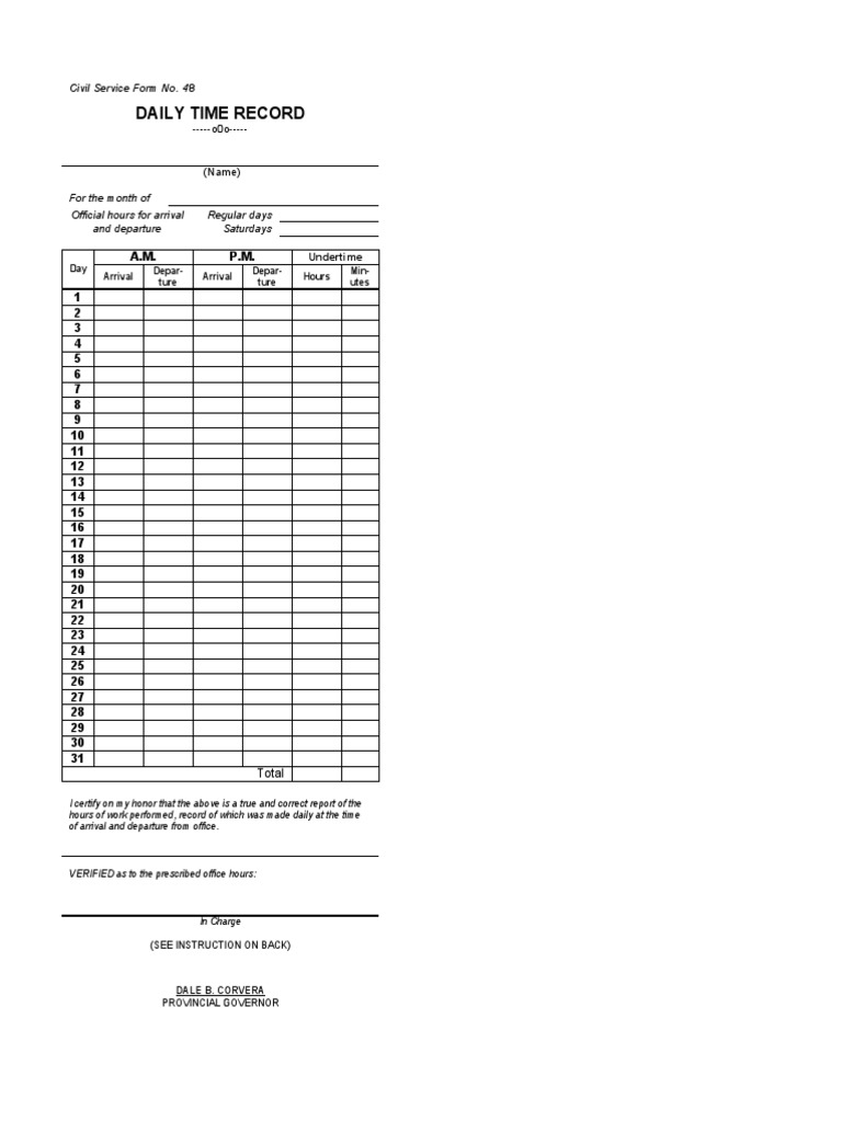 CSC Form 48 Daily Time Record DTR 1 | PDF