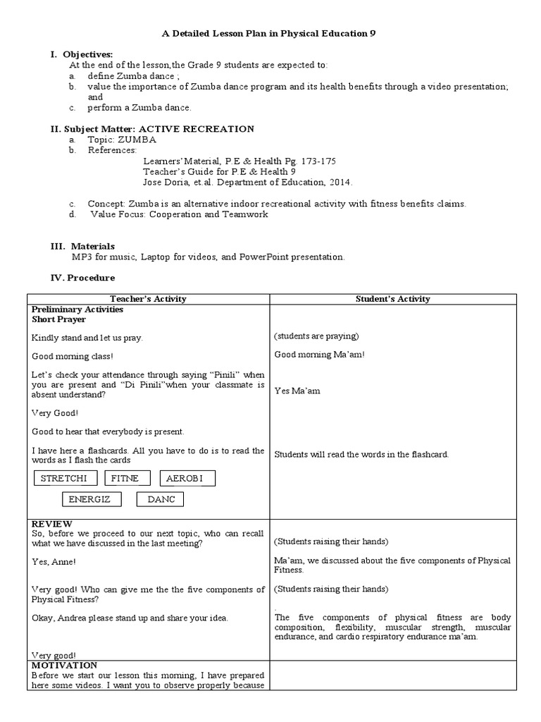 A Detailed Lesson Plan in Physical Education 9 MICRO DEMO ZUMBA FITNESS ...